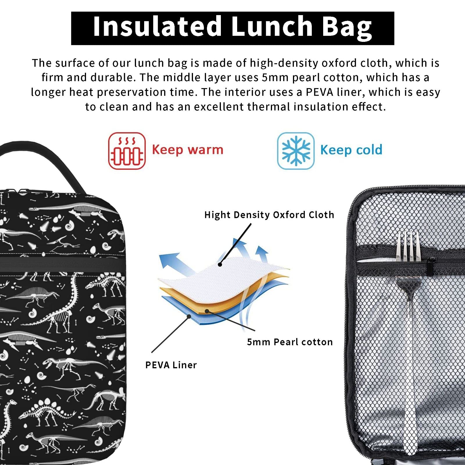 Black and White Dinosaur Skeleton Lunch Bag Insulated Lunch Box Cooler Tote with Shoulder Strap for Boys Girls Women Men
