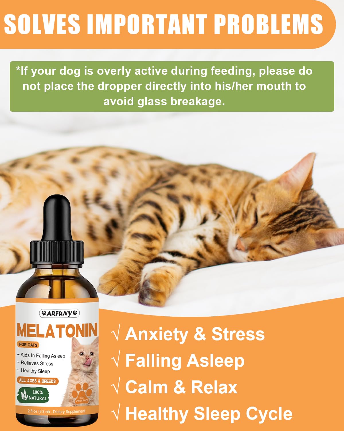 Cat Melatonin | 60ML Melatonin for Cats Supports Falling Asleep | Cat Melatonin Drop | Cat Sleep Aid | Cat Calming | Cat Anxiety Relief | Stress Relief for Cats | 2 fl oz, Roast Chicken Flavor
