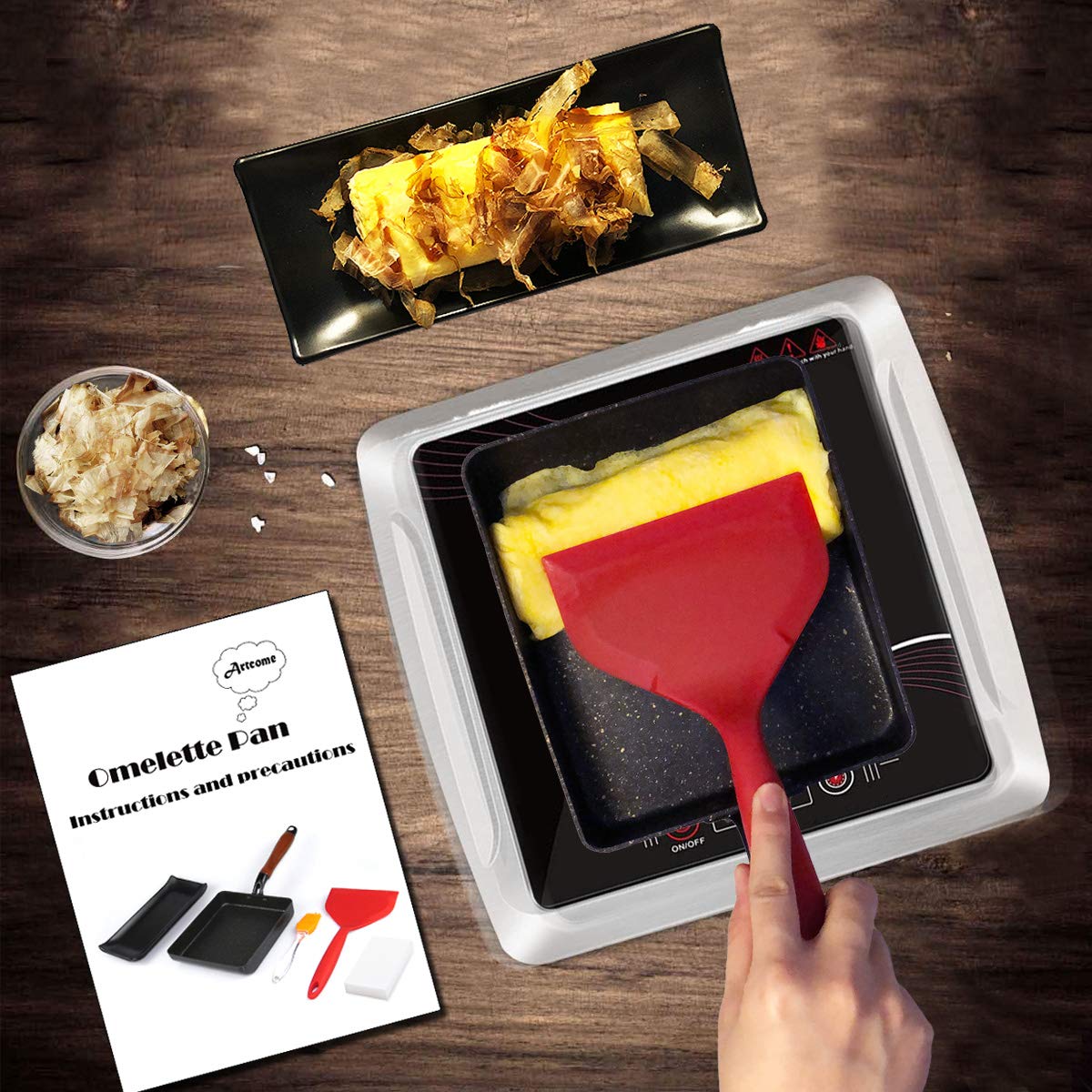 Artcome Japanese Omelette Pan Non stick Coating Tamagoyaki Egg Pan with Tamagoyaki Plate, Silicone Spatula & Brush, 7" x 6" (Black)