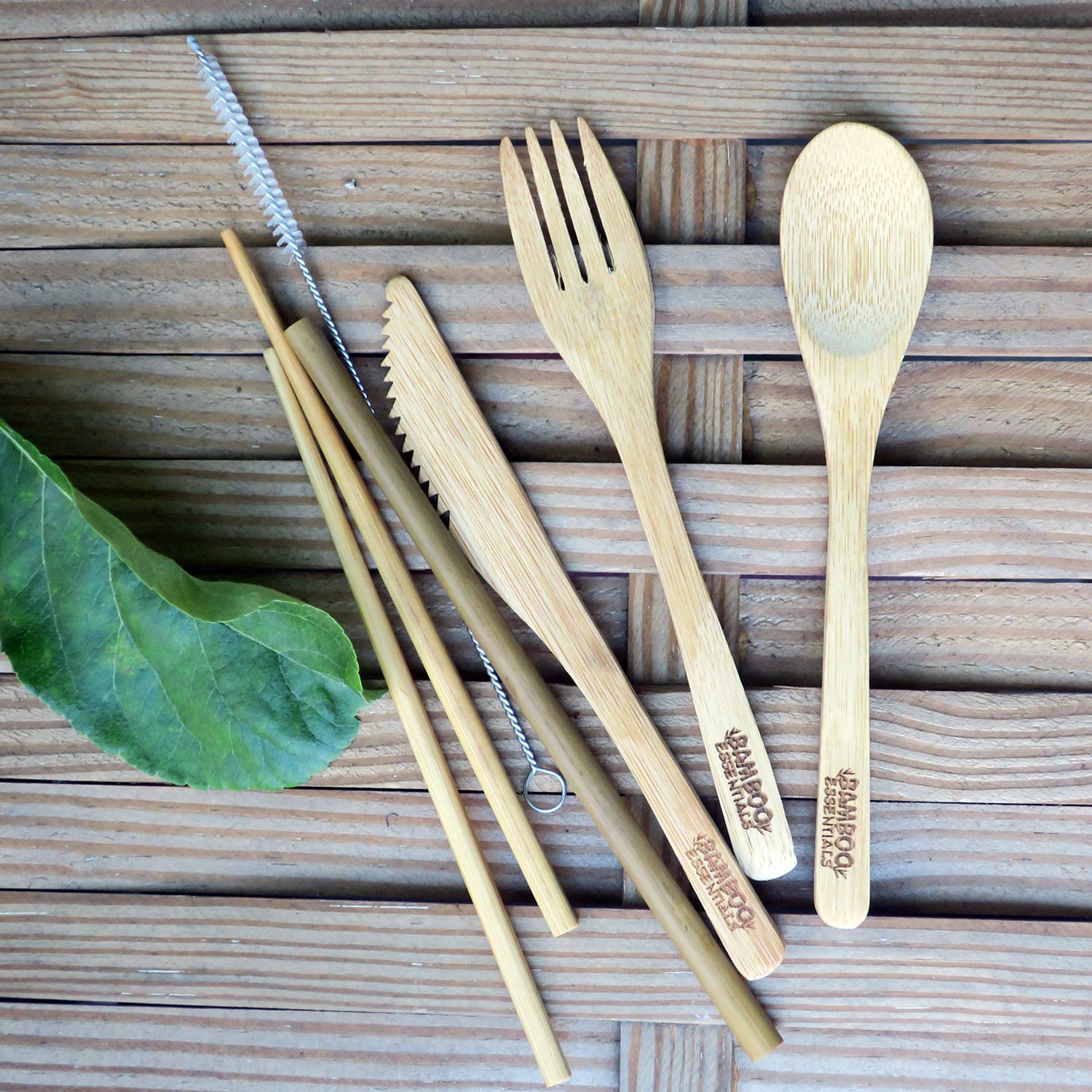 Bamboo Travel Utensil Set | Bamboo Fork, Knife, Spoon, Chopsticks, Straw, Straw-cleaning brush, Travel Pouch and Carabiner | Excellent For Everyday Use! ((1Set) Midnight Black)