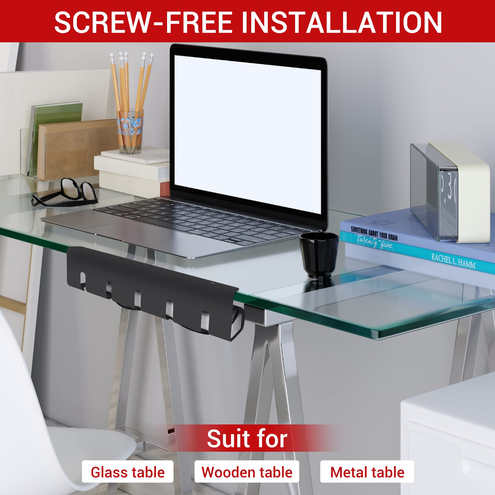 AOSYCO Under Desk Cable Management Tray, Alloy Steel, Perfect for Standing Desk Cord Organizer, No Drill for Under Table and Wire Management, Large Rack, Black Raceway Tray, 15.7in