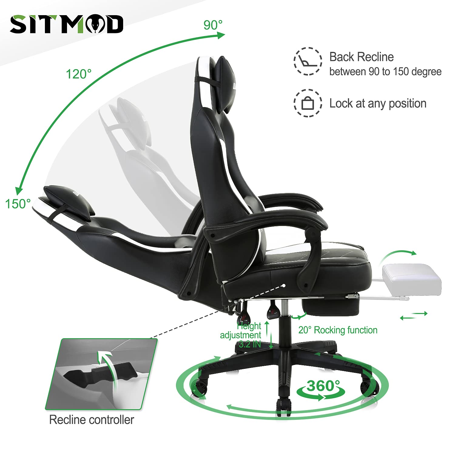 SITMOD Gaming Chair with Footrest-PC Computer Ergonomic Video Game Chair-Backrest and Seat Height Adjustable Swivel Task Chair for Adults with Headrest and Lumbar Support(Black-White)-PU Leather