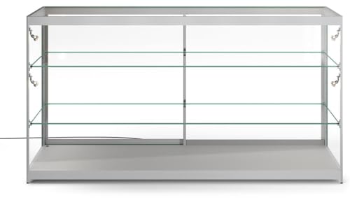Displays2go 6’ Counter Glass Showcases with Side Lighting, Lockable, Tempered Glass Shelves, Aluminum Frame – Silver (JBQCT72LED)