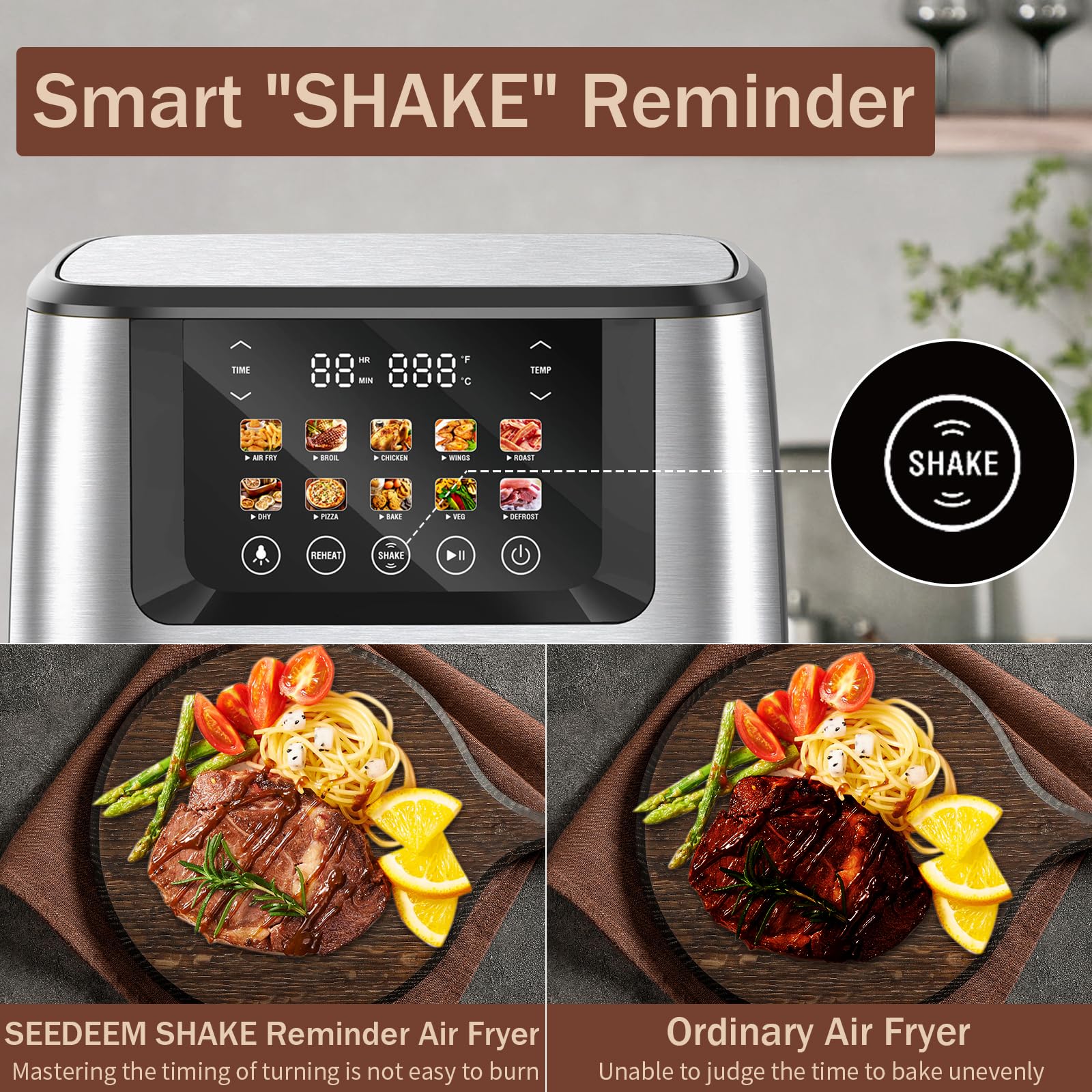 SEEDEEM Max XL Air Fryer, 8 Quart, 10-in-1 Hot Air Fryer Oven with Color LCD Display Touchscreen, Air Fryer Toaster Oven Combo with ClearCook Cooking Window,Broil, Roast, Dehydrate, Bake, Silver