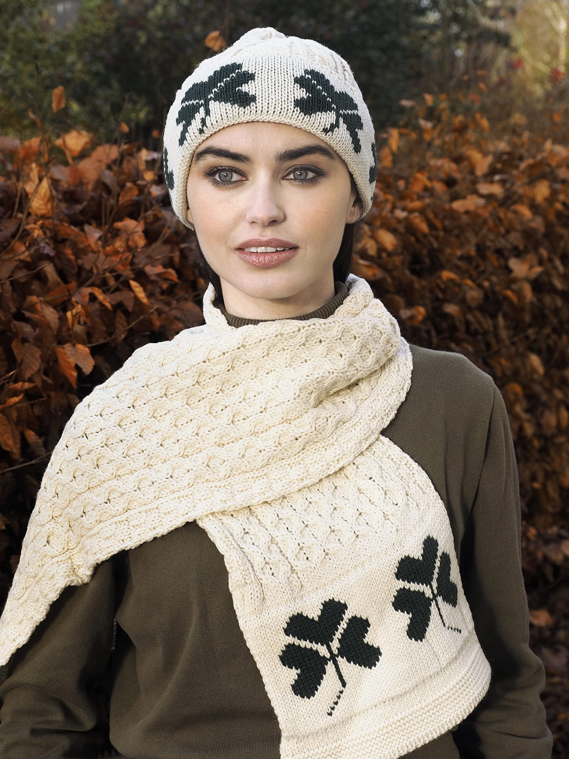 Aran Crafts Irish Shamrock Soft Cable Knitted Scarf 9"x60" (100% Merino Wool)
