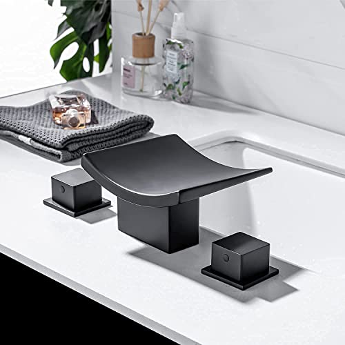 BANGPU Waterfall Bathroom Faucets, Modern Bathroom Sink Faucet 3 Holes Widespread Dual Handle Brass Basin Faucet Mixer Taps with Supply Hoses, Matte Black Vanity Sink Faucet
