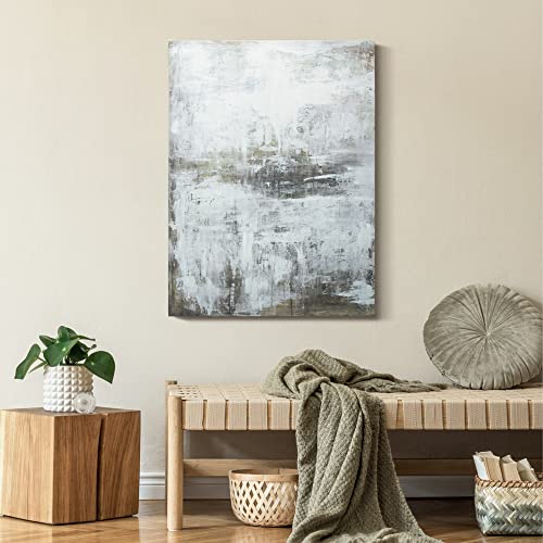 ArtbyHannah 24x32 inch Rustic Abstract Oil Paintings Wall Art with Hand Painted Textured and Aged White, Vertical Canvas Wall Art for Living Room Decor
