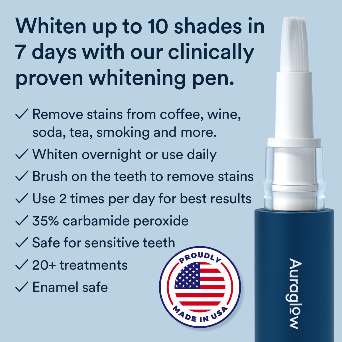 Auraglow Teeth Whitening Pen, Overnight Teeth Whitening Pen, 35% Carbamide Peroxide, 20+ Whitening Treatments, No Sensitivity, 2.8mL
