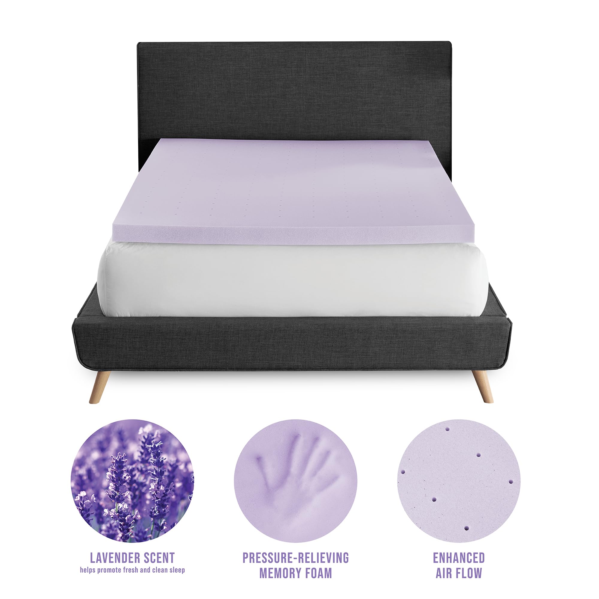 Bodipedic 3 Inch Lavender Memory Foam Mattress Topper, Lavender Infused Mattress Topper, Lavender Scented, CertiPUR-US Certified Foam, Purple