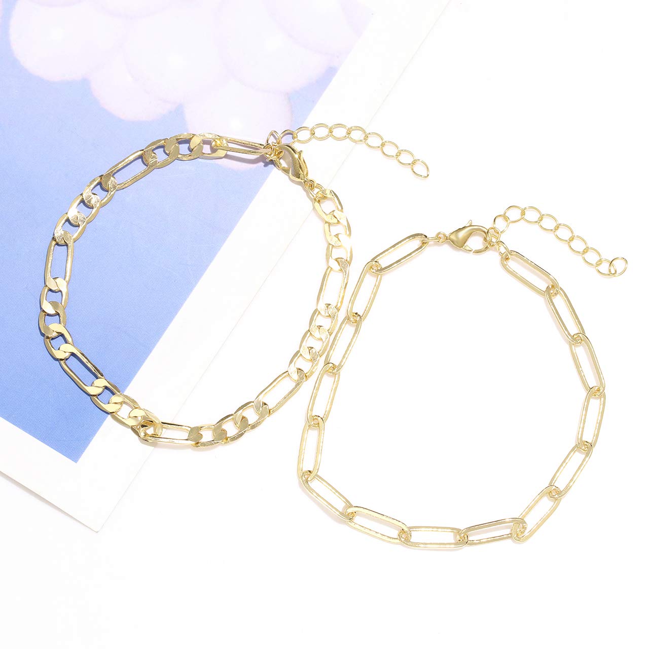 ARATLENCH Beaded Bracelet Link Chain Bracelet Set for Women Stack Stretch Beads Bracelets Minimlist Paperclip Figaro Link Chain for Women(gold bracelet set)