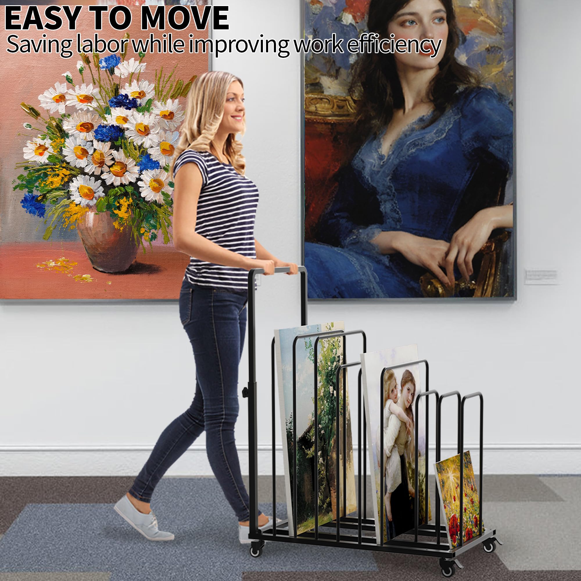 lukar Art Storage Rack with Wheels, Metal Canvas Rack Art Storage, Rolling Art Canvas Organizer with Handle, Art Drying Rack for Art Studio, Gallery, Artworks
