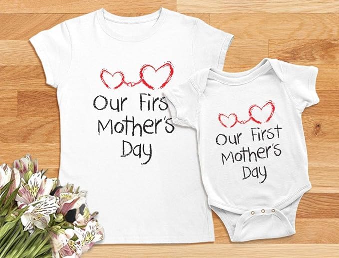 Our First Mothers Day Outfits New Mom Gifts Mommy and Me Matching Shirts Set Mom White Medium/Baby White 12M (6-12M)