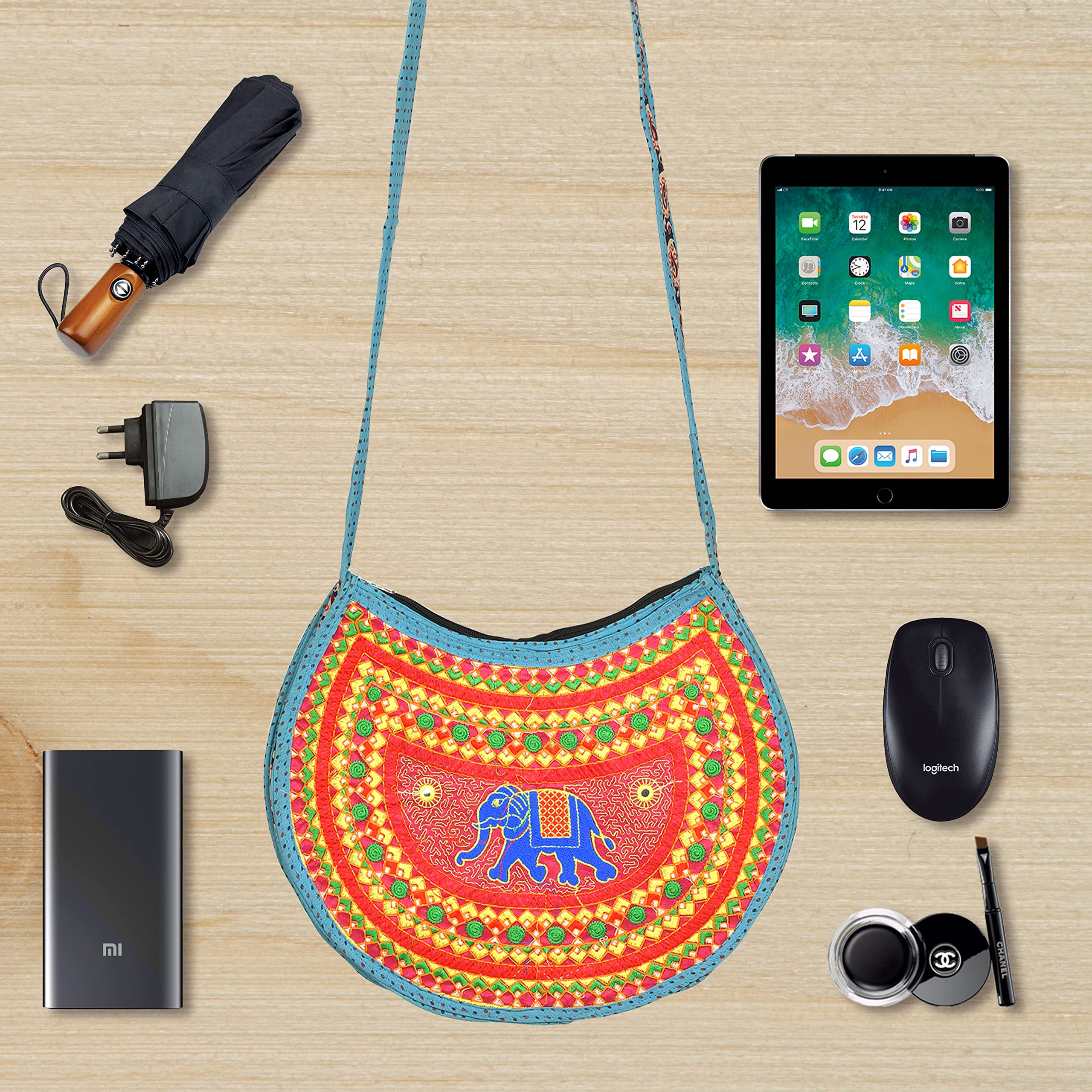 North Creed Crossbody Elephant Flora Embroidery Shoulder Bag, Indian Ethnic Travel Handbag with Zipper Pocket- Blue