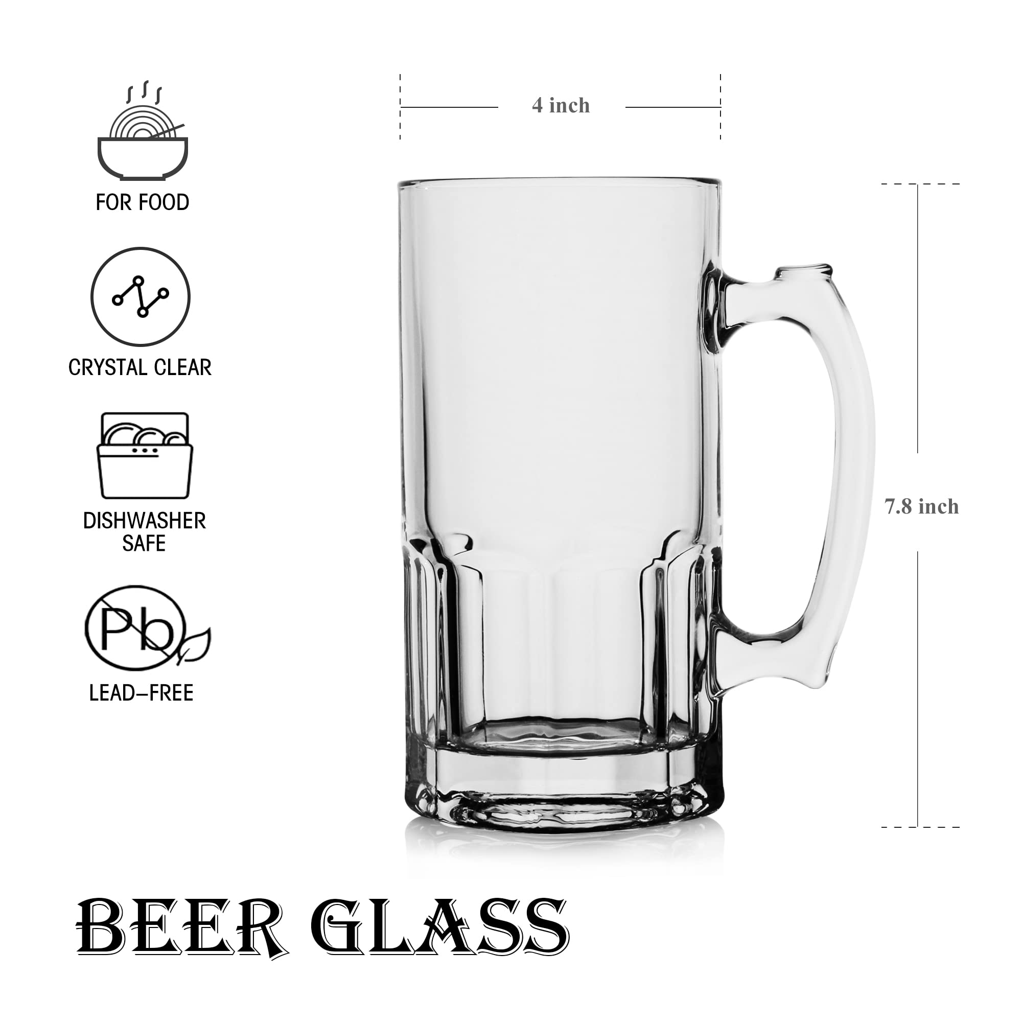 BaveL Style Extra Large Beer Mug 35 Ounce,Large Glass Mugs With Handle,One Liter German Beer Stein Super Mug (35 oz)