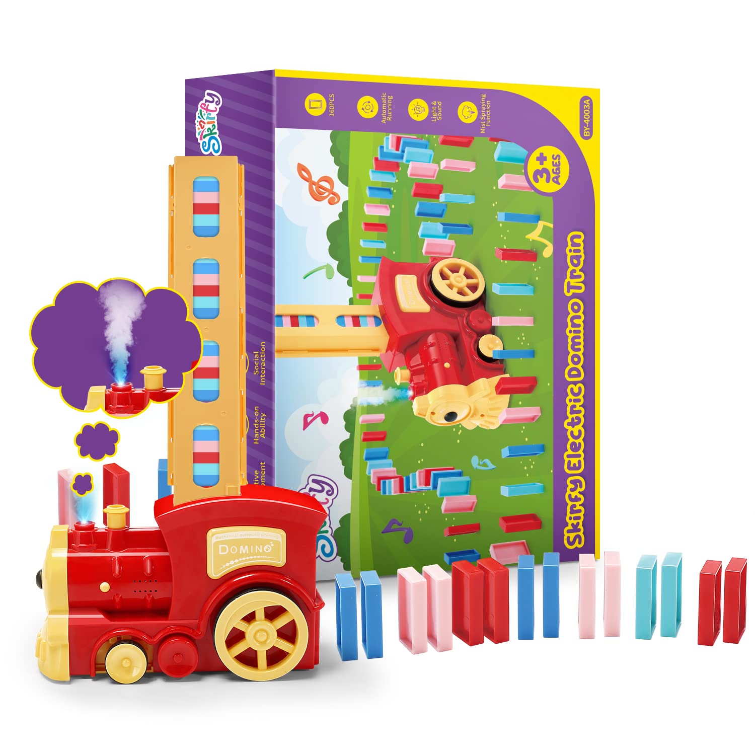 Skirfy Birthday Gift Kids Toys Dominoes Train Set- 160PCS Domino Blocks Set Automatically Run with Real Steam Function, with Lights and Sound,Creative Toys for Kids Aged 4-8 with Storage Bag