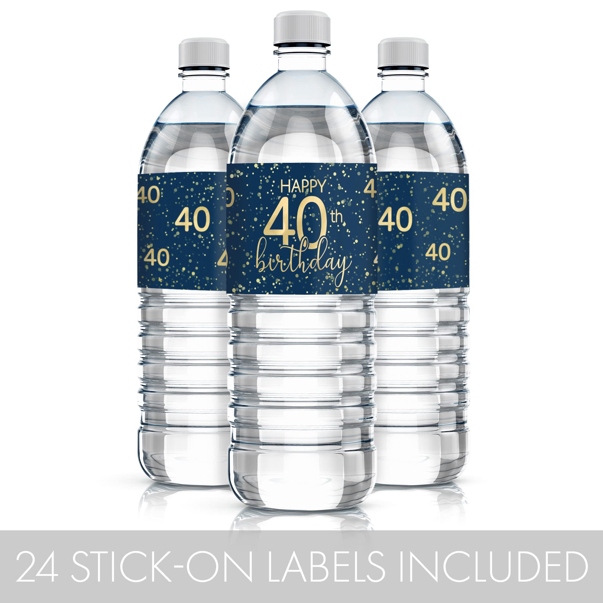 Navy Blue and Gold 40th Birthday Party Water Bottle Labels - 24 Waterproof Stickers