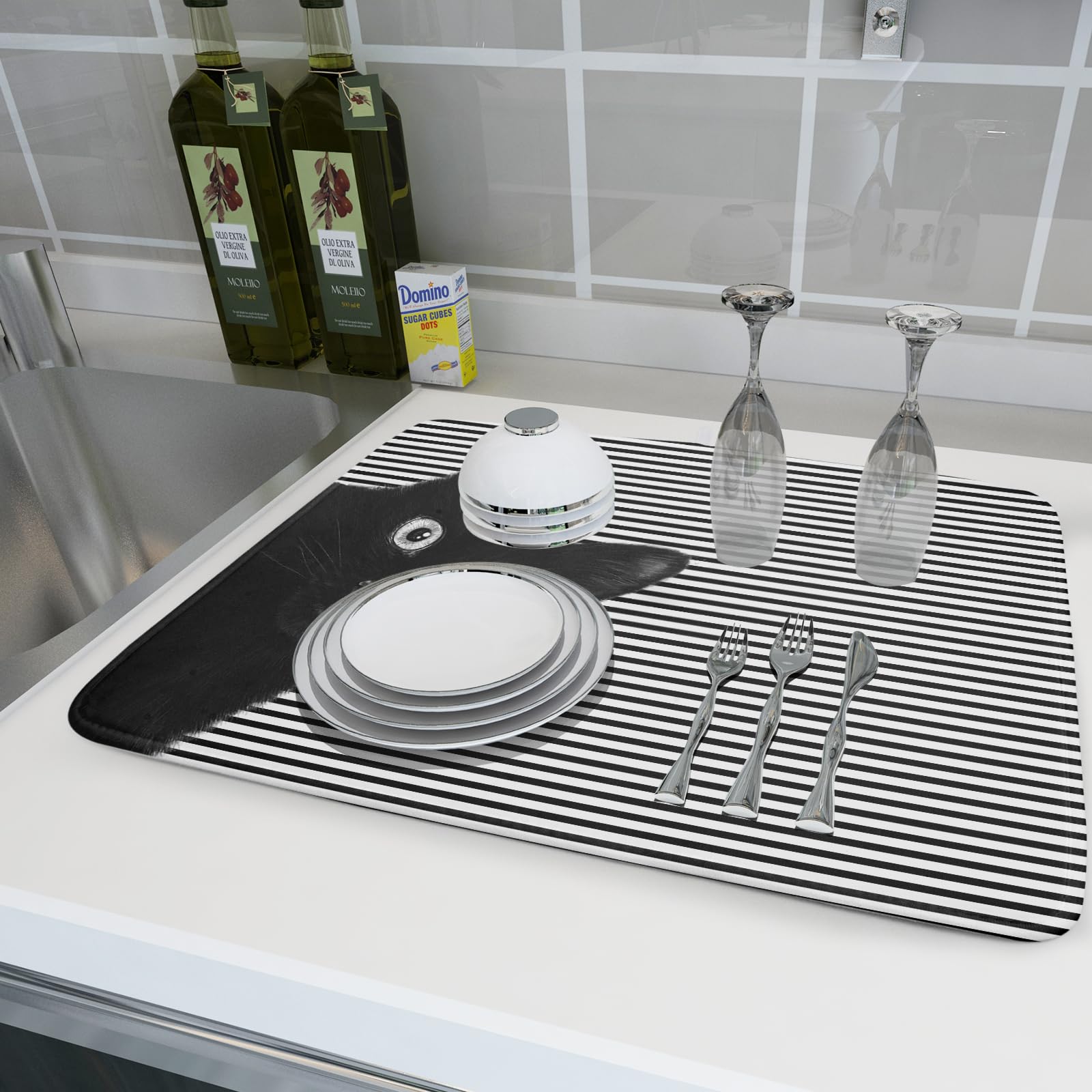 Black Cat Dish Drying Mat Classic Striped Dishes Pad Hanging Drainer Rack Mats Absorbent Fast Dry Kitchen Accessories 18 x 24 inch