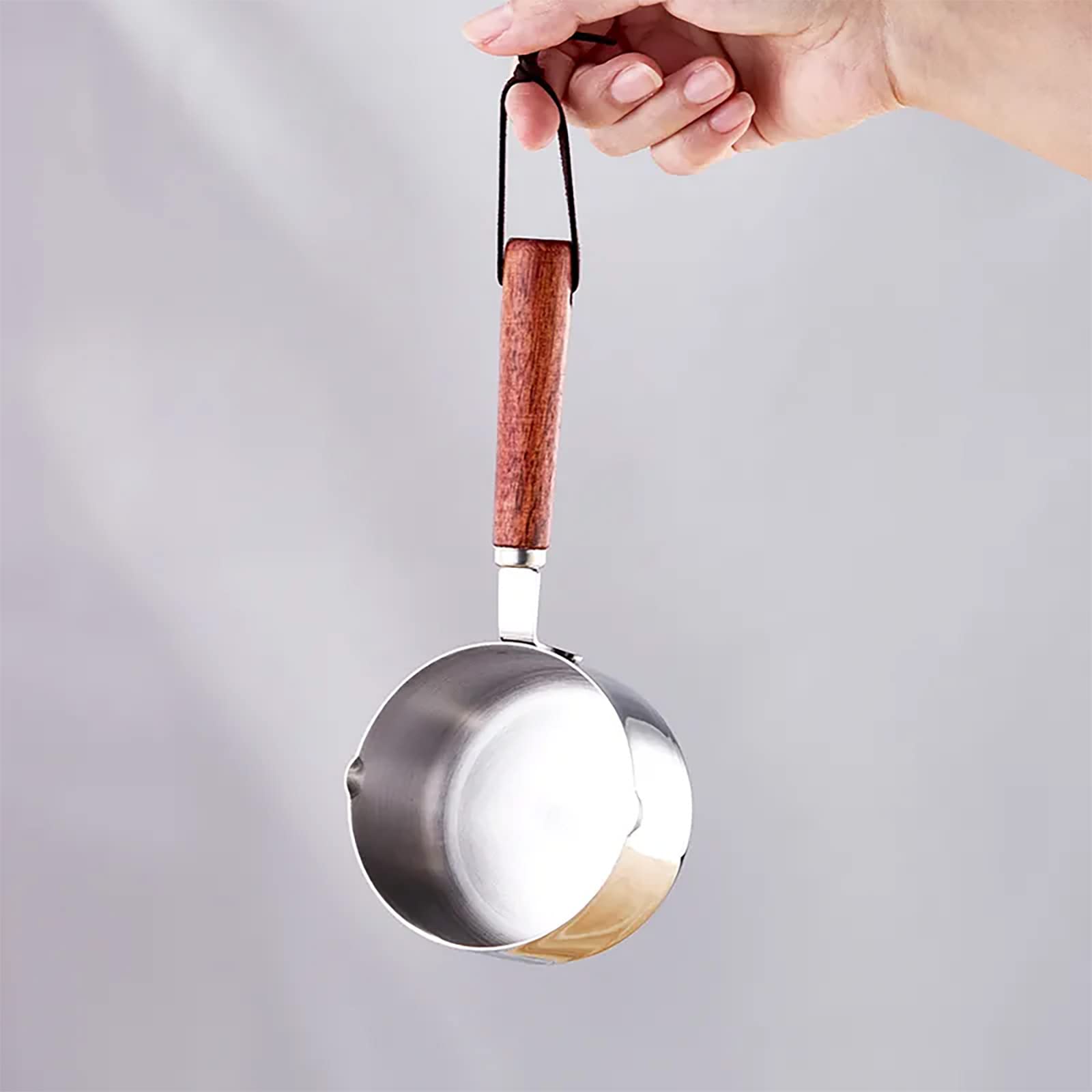 Butter warmer, Stainless Steel Turkish Coffee Pot, Milk Warmer, Chocolate Melting Pot, Small Saucepan with Heat Resistand Wooden Handle and Dual Pour Spout(8.45OZ/ 250ML)