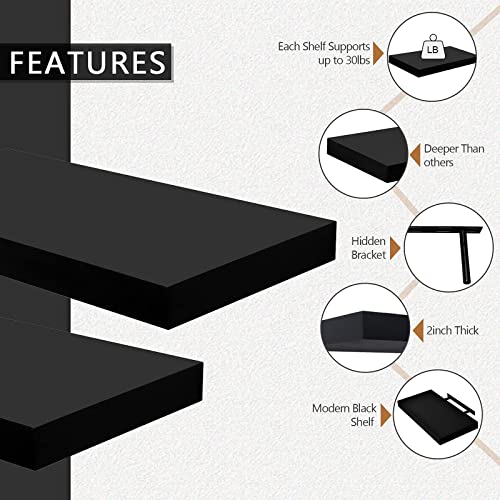 WELLAND 12" Deep Black Floating Shelves, Floating Wall Shelf, 47.24" L x 11.81" D x 2" T, Deeper Than Others, Black