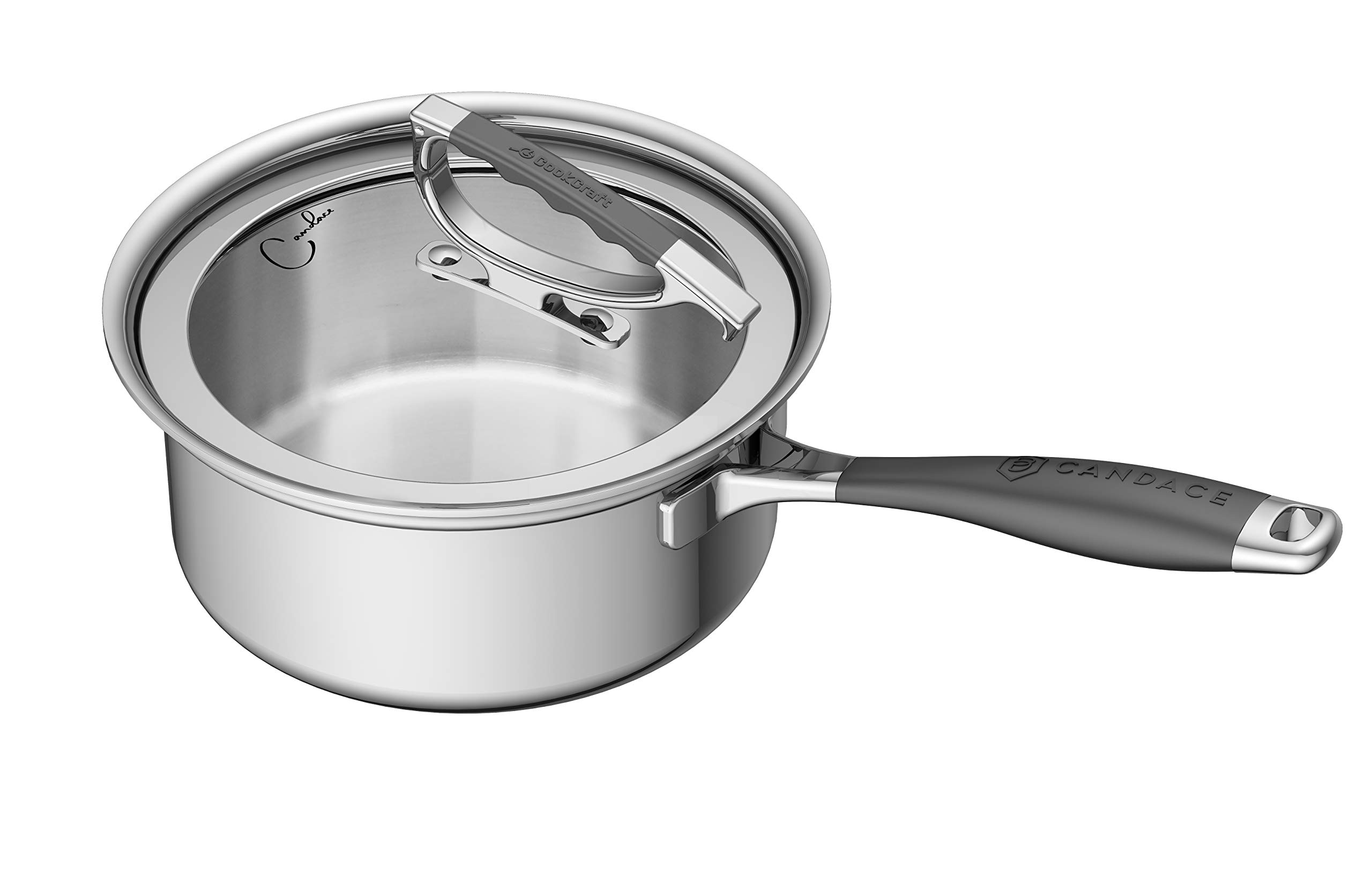 CookCraft by Candace | 3 Quart Tri-Ply Bonded Stainless Steel Aluminum Core Dishwasher Safe Sauce Pan with Glass Latch Lid
