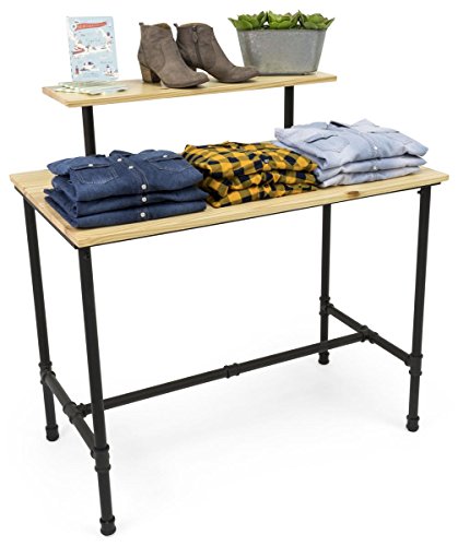 Displays2go, Large Pipe Display Table, Metal and Pine Wood Construction β Natural Finish, Black Hardware (PPLNNSTLRG)