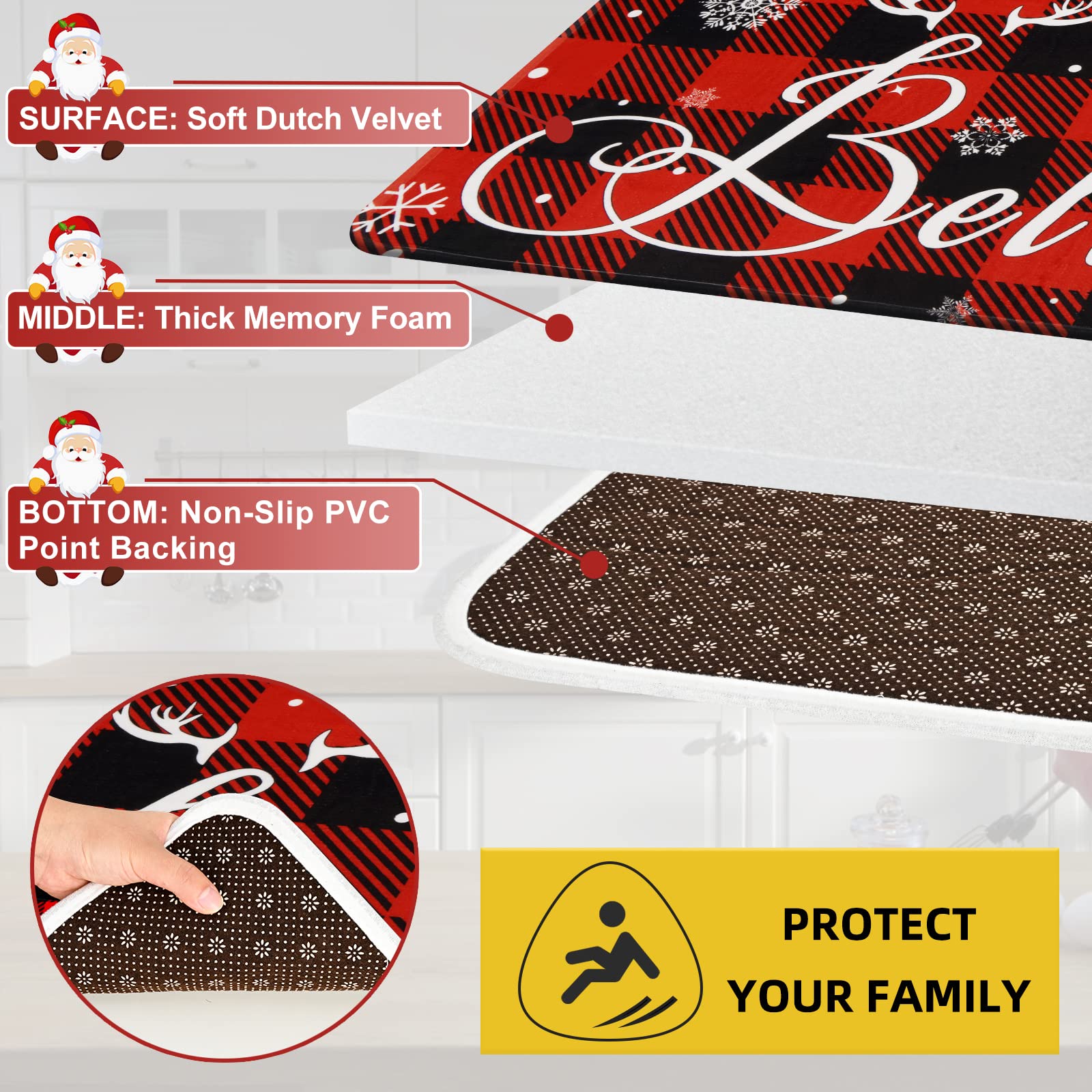 ASPMIZ 2 Pcs Christmas Buffalo Plaid Kitchen Rugs and Mats Set, Absorbent Winter Snowflake Kitchen Mat Cushioned Anti Fatigue, Xmas Decorative Area Rug Set of 2 Washable, 17'' x 47'' + 17'' x 30''