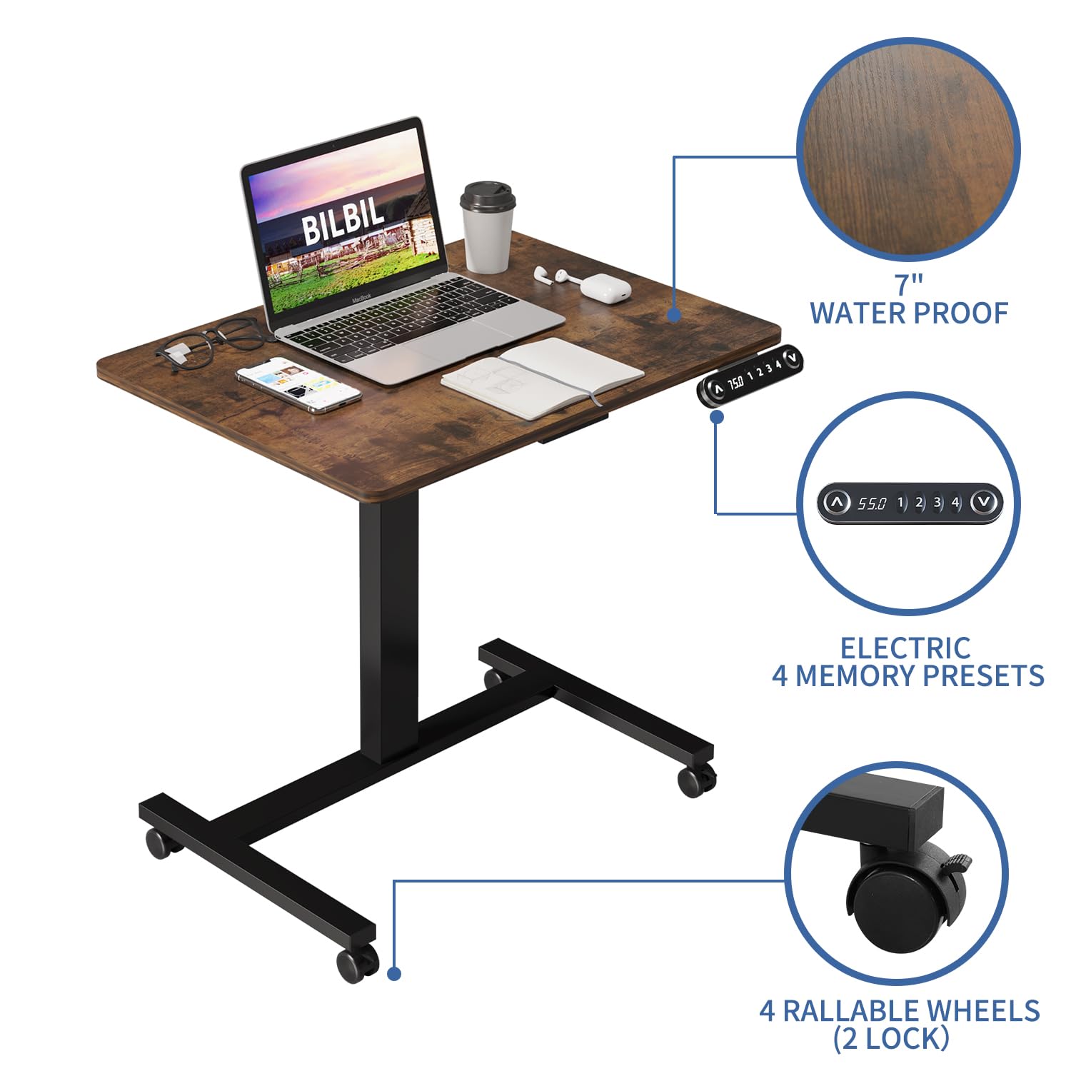 BilBil Electric Standing Desks with Lockable Wheels, 32*24 inch Height Adjustable Sit to Stand Desk, Overbed Laptop Table Desk, Mobile Rolling Desk, Portable Work Table for Home & Office, Rustic Brown