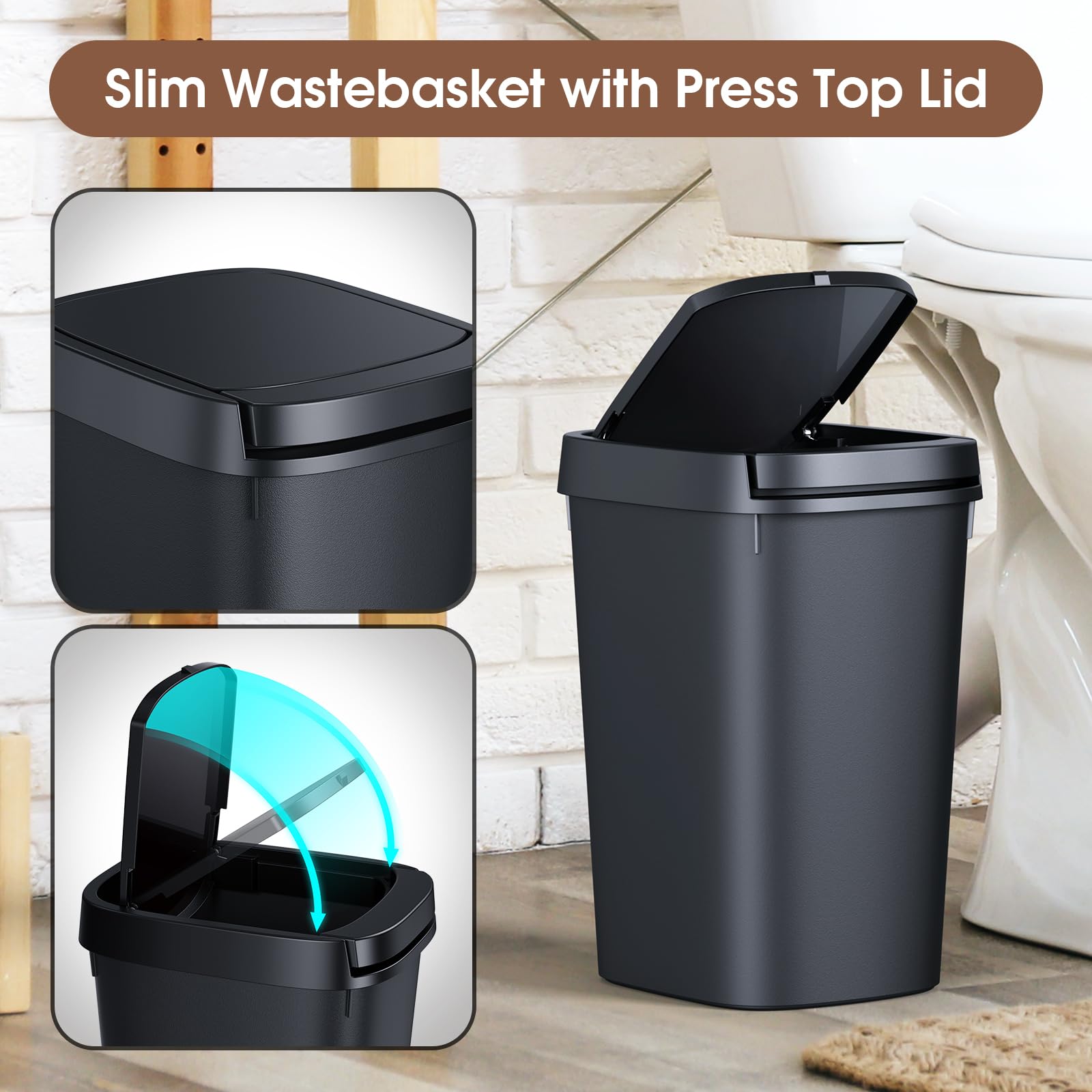 CEROELDA 3 Pack Bathroom Small Trash Can with Lid, 10L/2.6 Gal Slim Garbage Can with Press Top Lid, Plastic Wastebasket with Pop-up Lid for Toilet, Office, Bedroom (Muti 1, 3 Pack)