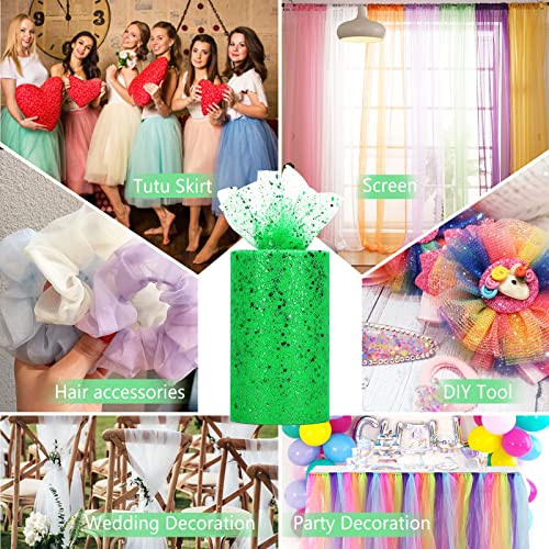 Glitter Tulle Rolls, 6” by 50 Yards (150FT) Sparkling Tulle Spool Ribbon Sequin Tulle Netting Fabric for Tutu Skirt Wedding Birthday Baby Shower (Green)