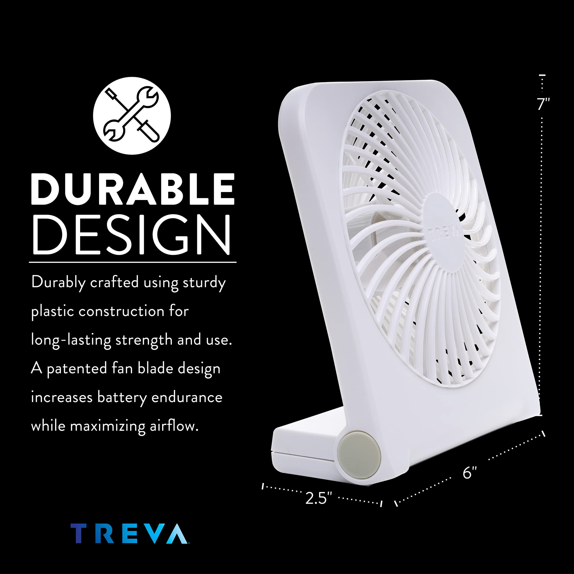 Treva 5-Inch USB and Battery Powered Desk Fan With Two Cooling Speeds and Adjustable Tilt, Small USB Fan Cubicle Accessories Durable and Long Lasting (White)