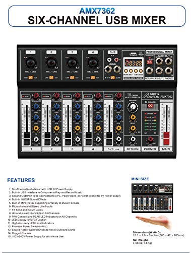 Audio2000'S AMX7362 Six-Channel Audio Mixer with USB 5V Power Supply, USB Interface, and Sound Effect