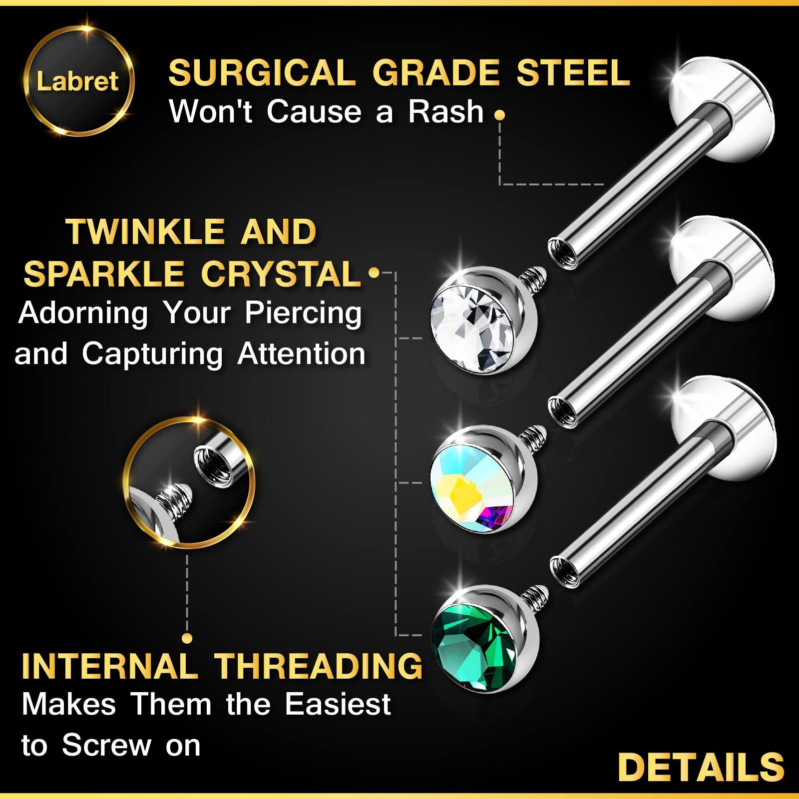 BanaVega 3PCS Steel Internally Threaded Labret Rings 16g 1/4 6mm 3mm Emerald Crystal Lobe Earrings Snake Bite Piercing Jewelry 0466