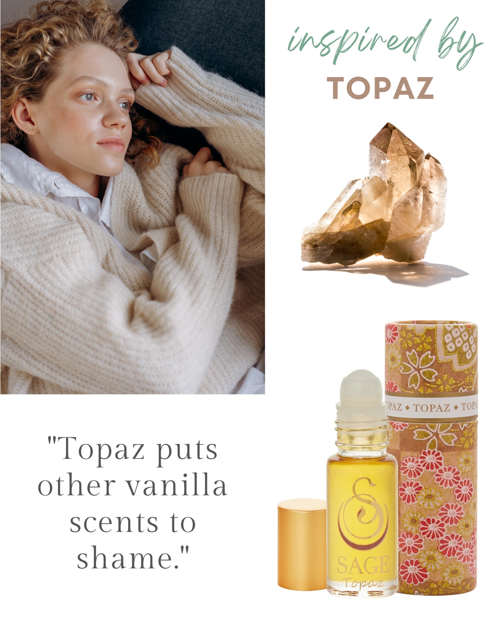 Topaz Perfume Oil Roll-On by Sage- 1/8 oz, Vegan & Cruelty-Free, Gourmand Scent, Vanilla, Sandalwood
