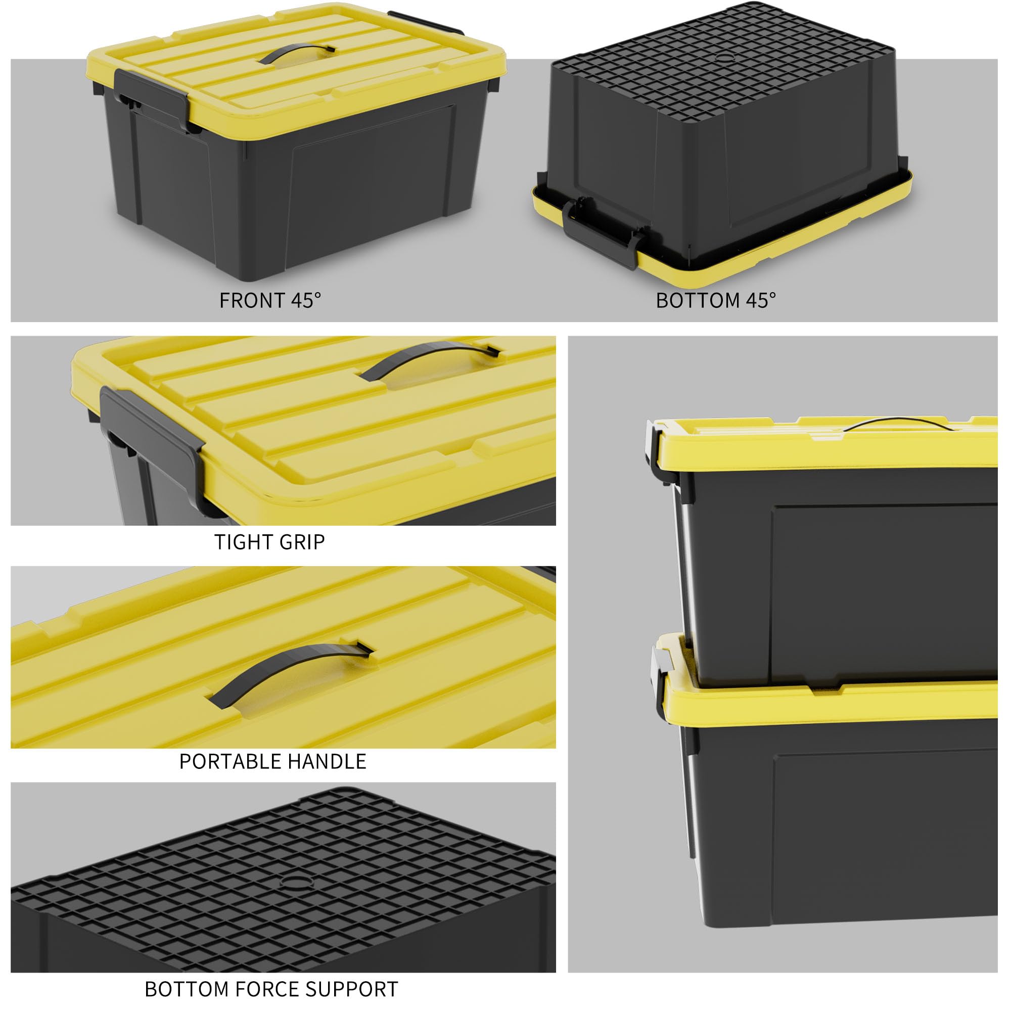 Cetomo Plastic Storage Bin Box Container Stackable with Lid and Secure Latching Buckles, Black, 40Qt x 6, Pack of 6