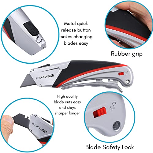 BIRDROCK HOME 1pk Professional Safety Utility Knife - Retractable - Heavy Duty Box Cutter - Safe Blade Lock - Extra Blades - Ergonomic Grip