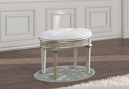 Coaster Home Furnishings Evangeline Oval Vanity Stool with Faux Diamond Trim Silver and Ivory