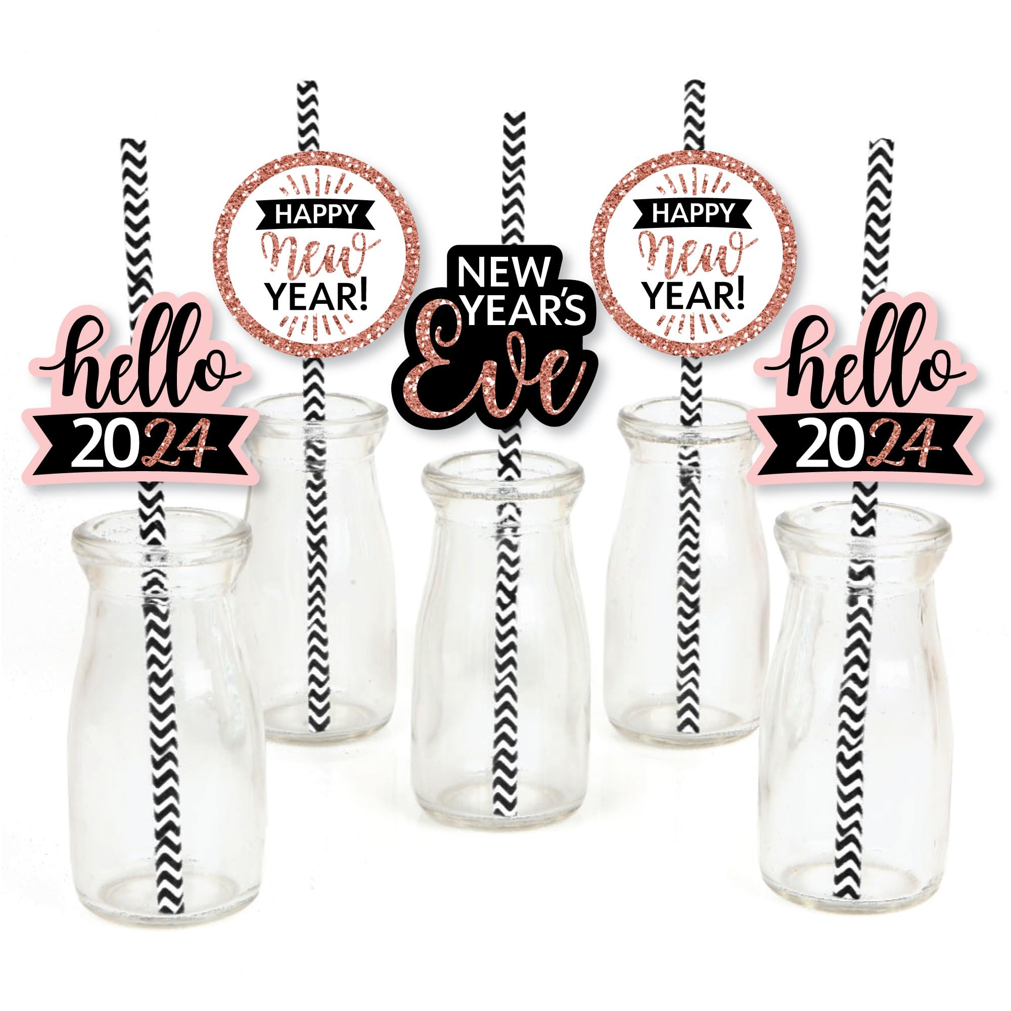 Big Dot of Happiness Rose Gold Happy New Year - Paper Straw Decor - 2024 New Year's Eve Party Striped Decorative Straws - Set of 24