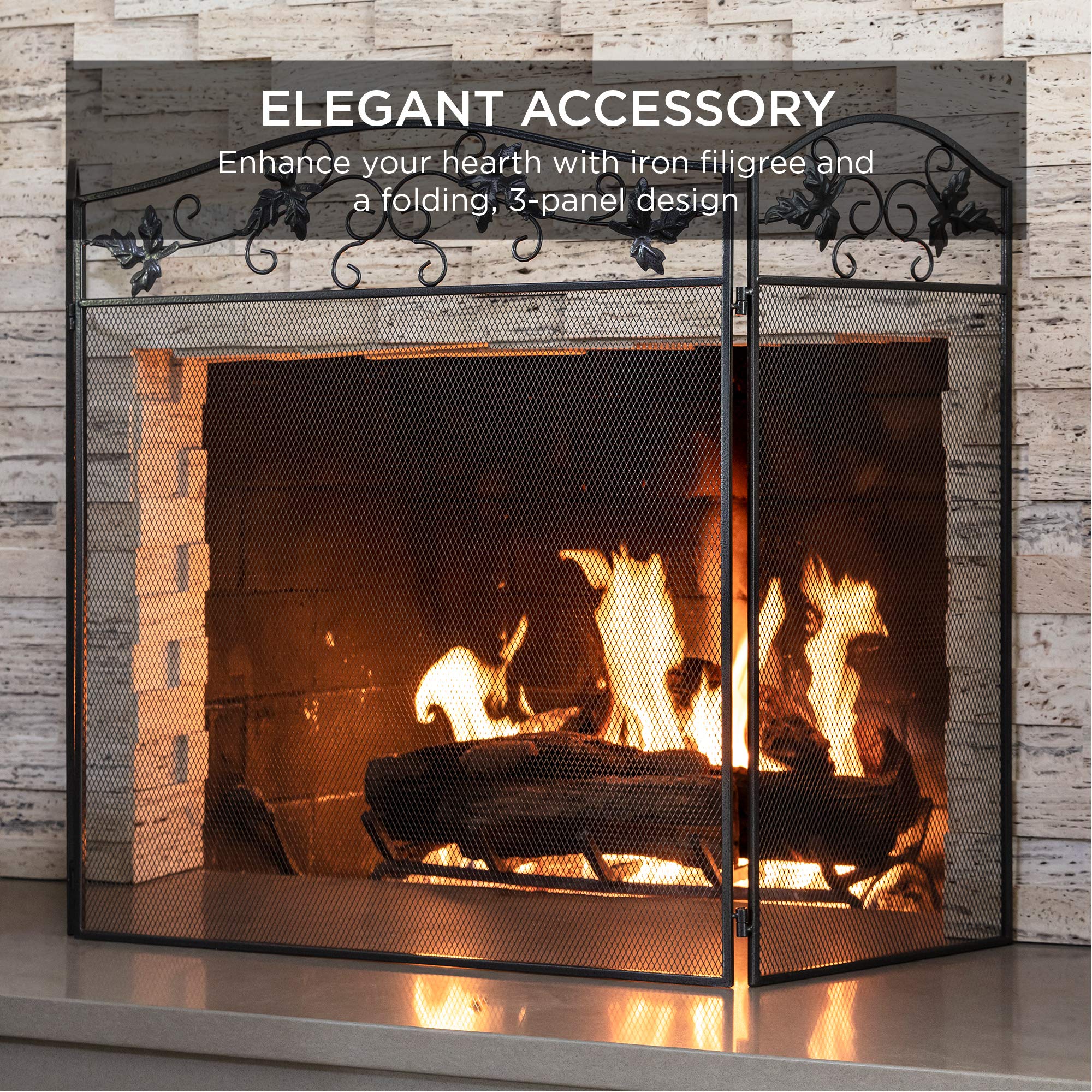 Best Choice Products 50x29in 3-Panel Handcrafted Wrought Iron Mesh Fireplace Screen, Fire Spark Guard w/Folding Panels, Decorative Leaf Scroll Design