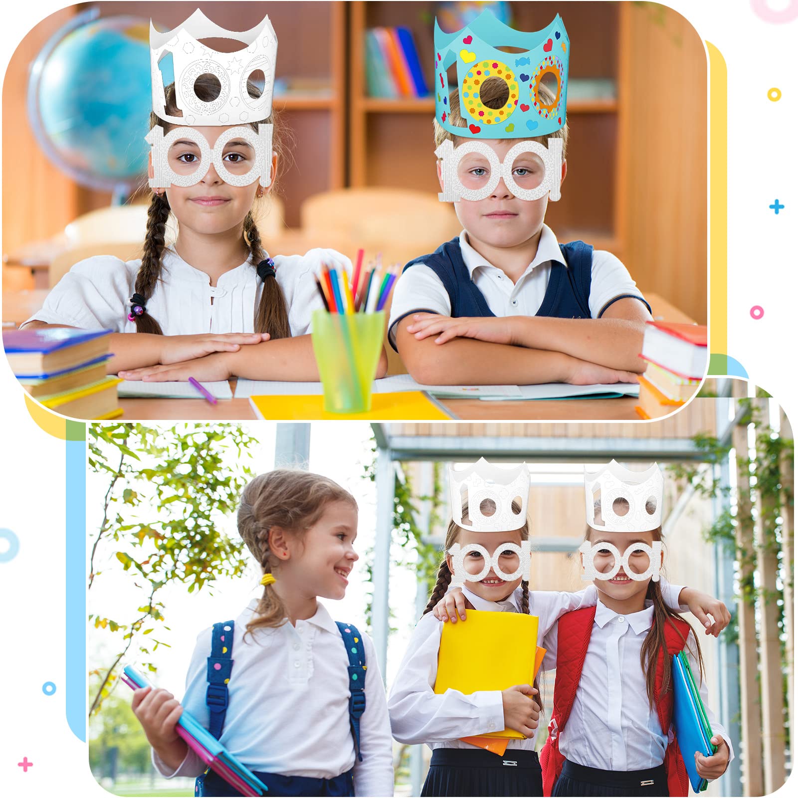 Civaner 48 Pieces 100th Day of School Decorations Kit Includes 24 Glasses and 24 Crowns 100th Day of School Celebration for Kids Project Students Personalize Show School Spirit