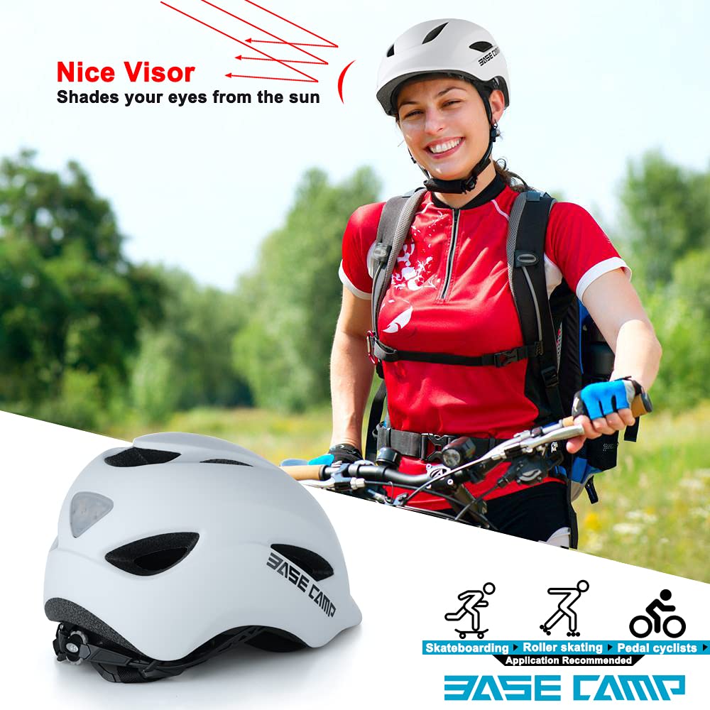 BASE CAMP Bike Helmet, Bicycle Helmet with Light for Adult Men Women Commuter Urban Scooter Adjustable M Size (White)