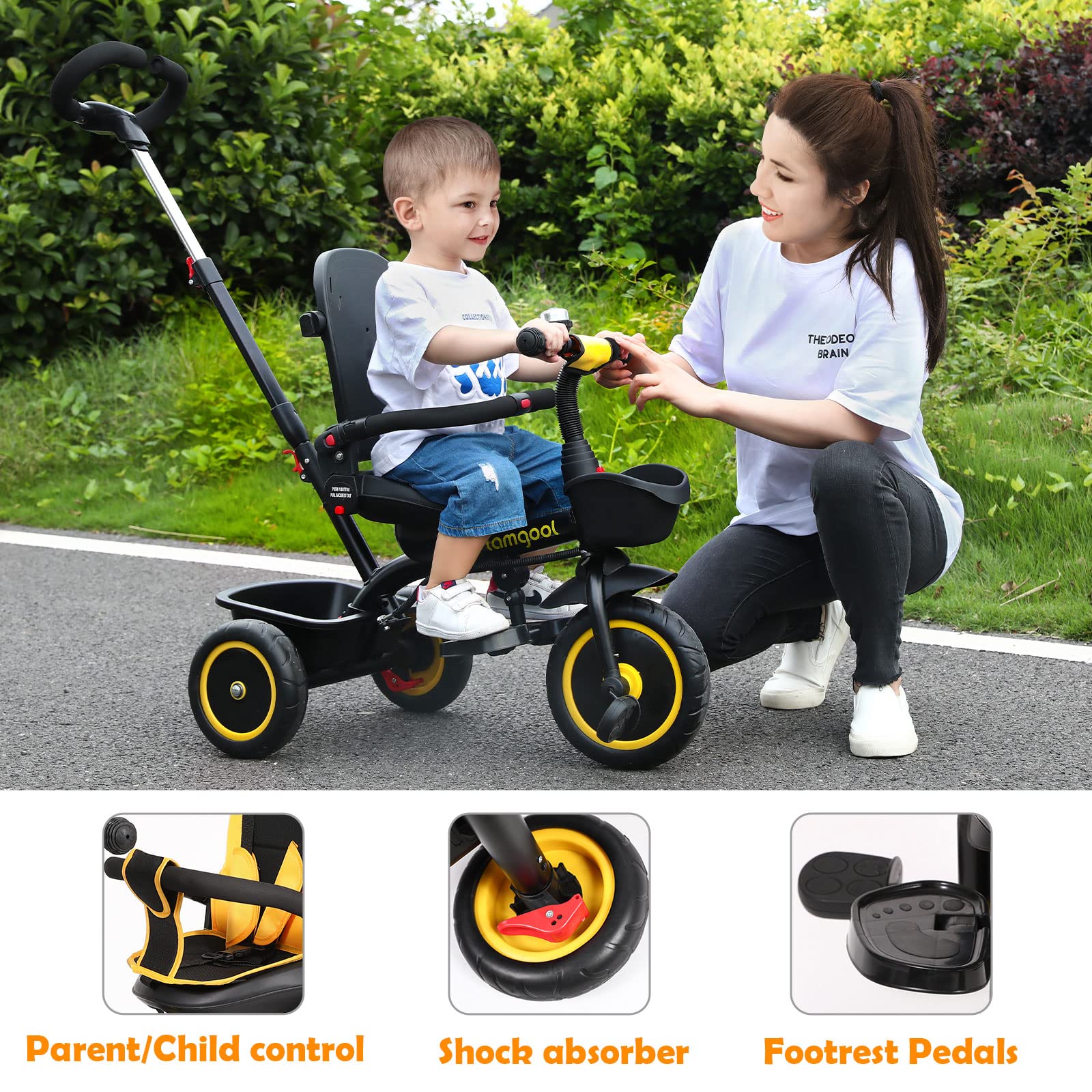 Lamgool Toddler Tricycles 4 in 1 Stroll Trike with Push Handle Removable Canopy Detachable Guardrail Retractable Foot Plate Safety Harness Storage Stroller Kids Tricycle for 12Months to 5 Years Yellow