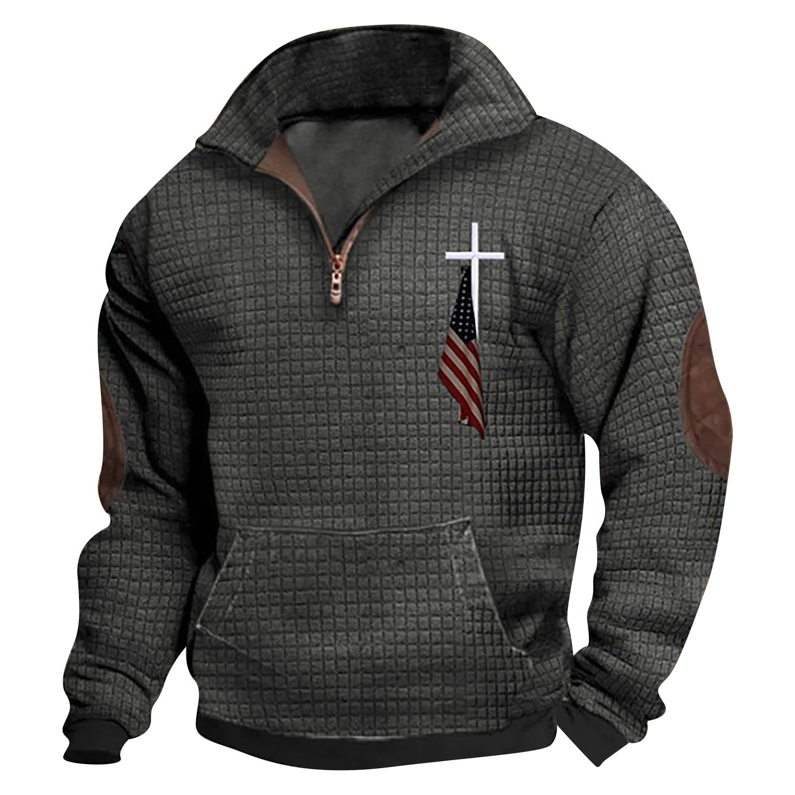 BAJAC Men's Quarter Zipper Waffle Sweatshirt USA Flag Printed Vintage Distressed Long Sleeve Lapel Pullover Fall Winter Top(Grey,3X-Large)