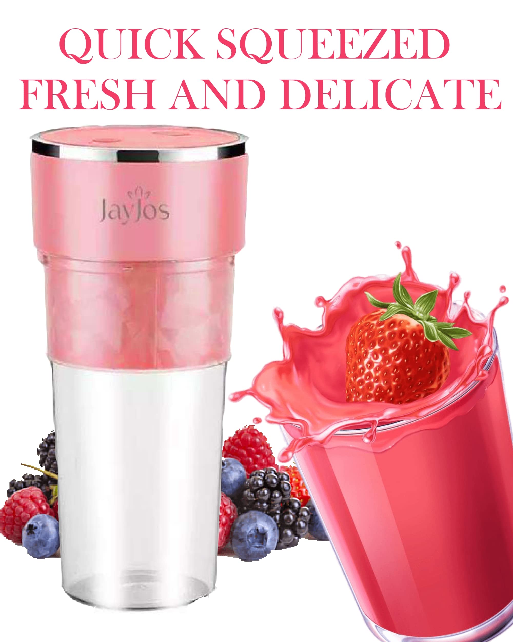 JayJos Portable Blender Smoothie Juicer Cup USB Rechargeable Home Travel Personal Mini size, Electric Powerful Sports (Pink)