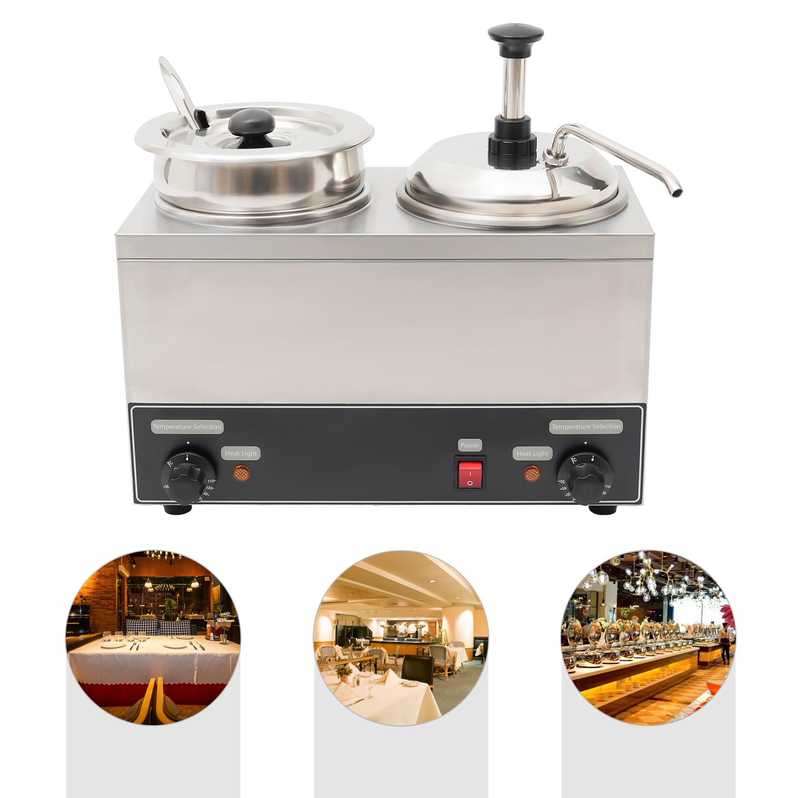 Electric Cheese Warmer with Pump Sauce Warmer Commerical Sauce Dispenser Double Heads Cheese Warmer with Spoon for Nacho Cheese, Hot Fudge, Caramel, Chilli, Butter
