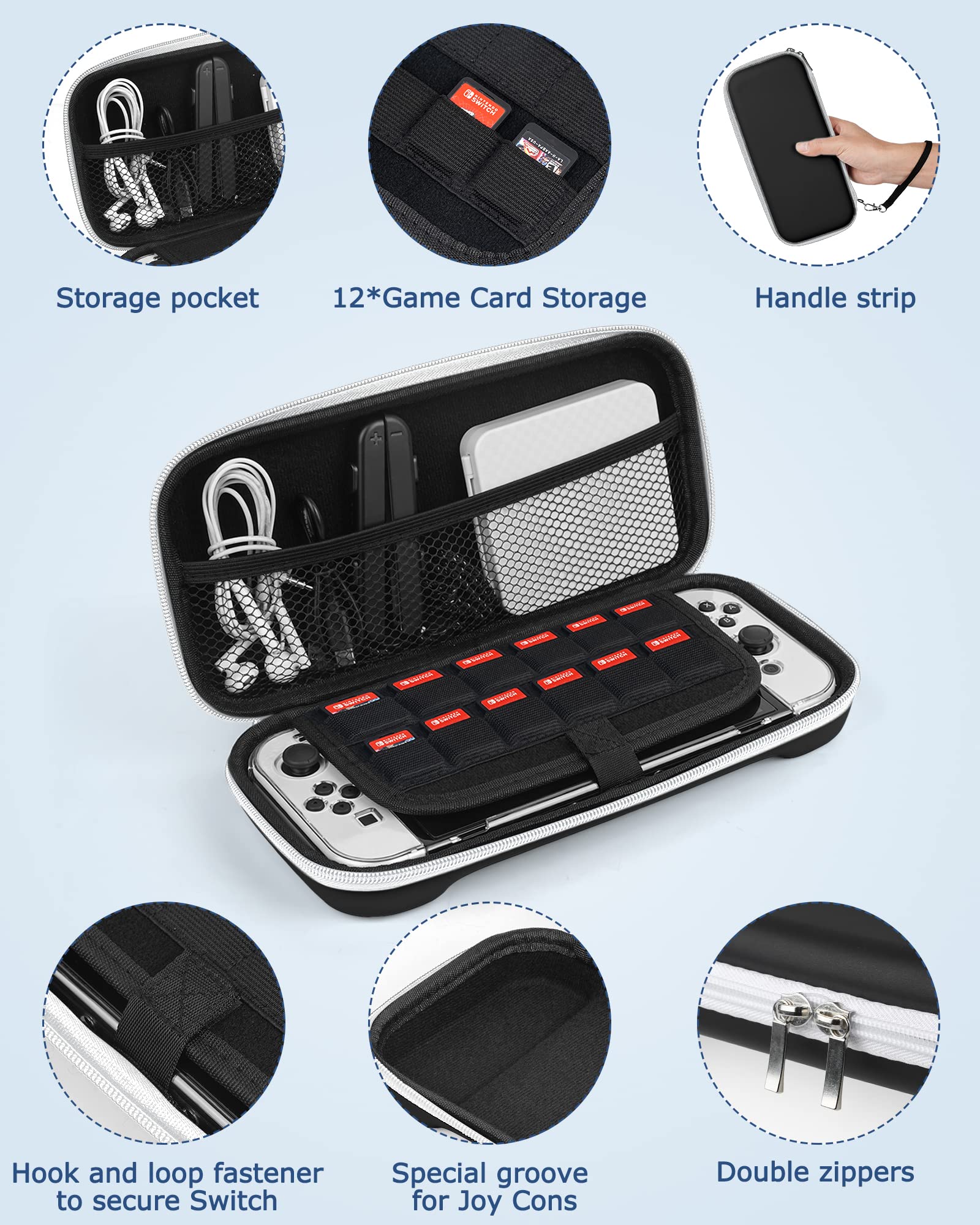 RTTACRTT Carrying Case for Nintendo Switch OLED, Hard Shell Travel Carrying Case for Nintendo Switch with Case, HD Screen Protector, Stand, Thumb Grips