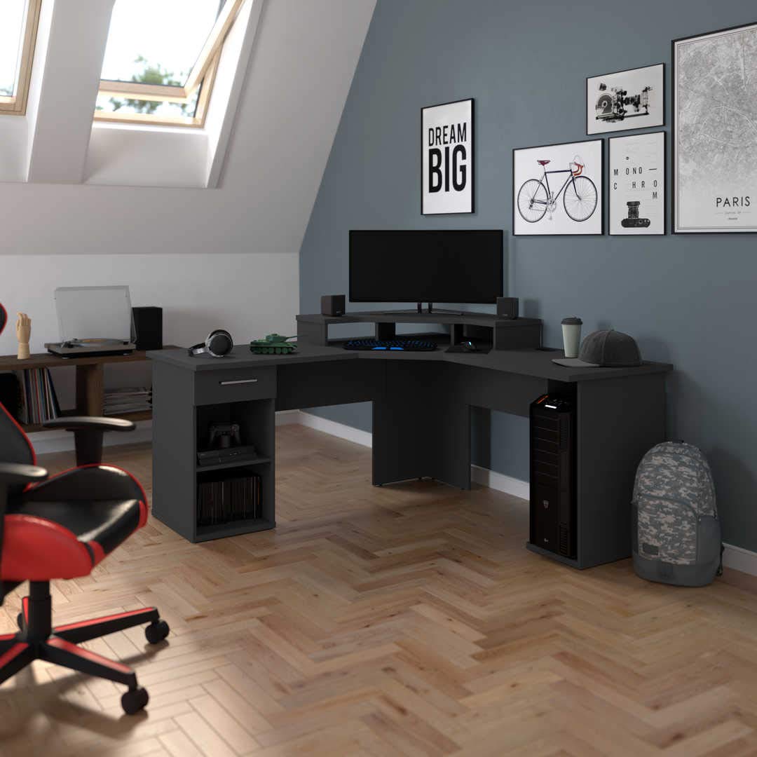 Bestar Hampton L-Shaped Corner Gaming Desk, 66W, Graphite