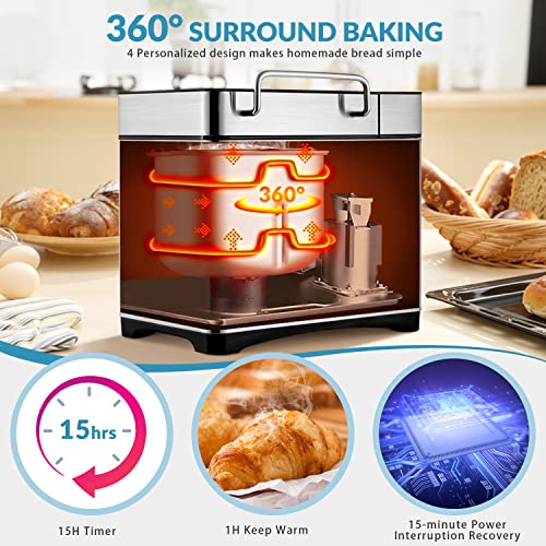 KEEPEEZ Bread Maker Machine, 2LB Premium Stainless Steel Bread Maker, 17-in-1 with Gluten Free, Jam, Yogurt, Dough, Auto Nut Dispenser, Ceramic Pan, 1Hour Keep Warm, 3 Crust Shades, 2 Paddles, Recipes