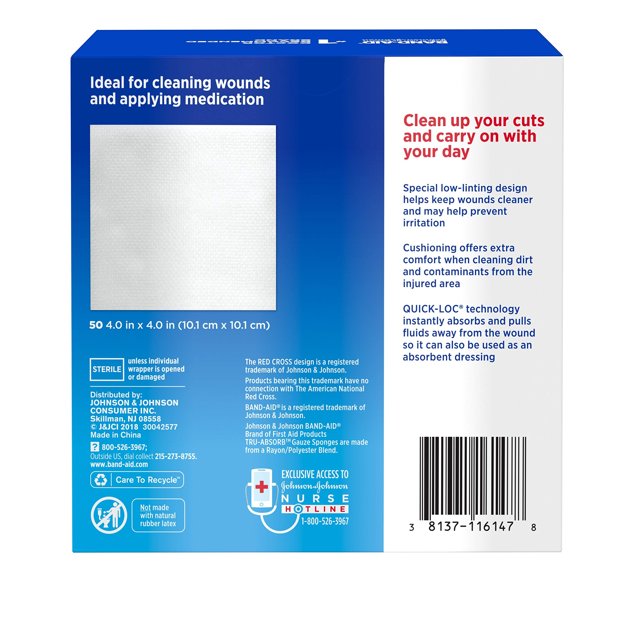Band-Aid Brand First Aid Products Tru-Absorb Sterile Gauze Sponges for Cleaning and Cushioning Minor Wounds, Cuts & Burns, Low-Lint Design, Individually Wrapped 4 in by 4 in Pads