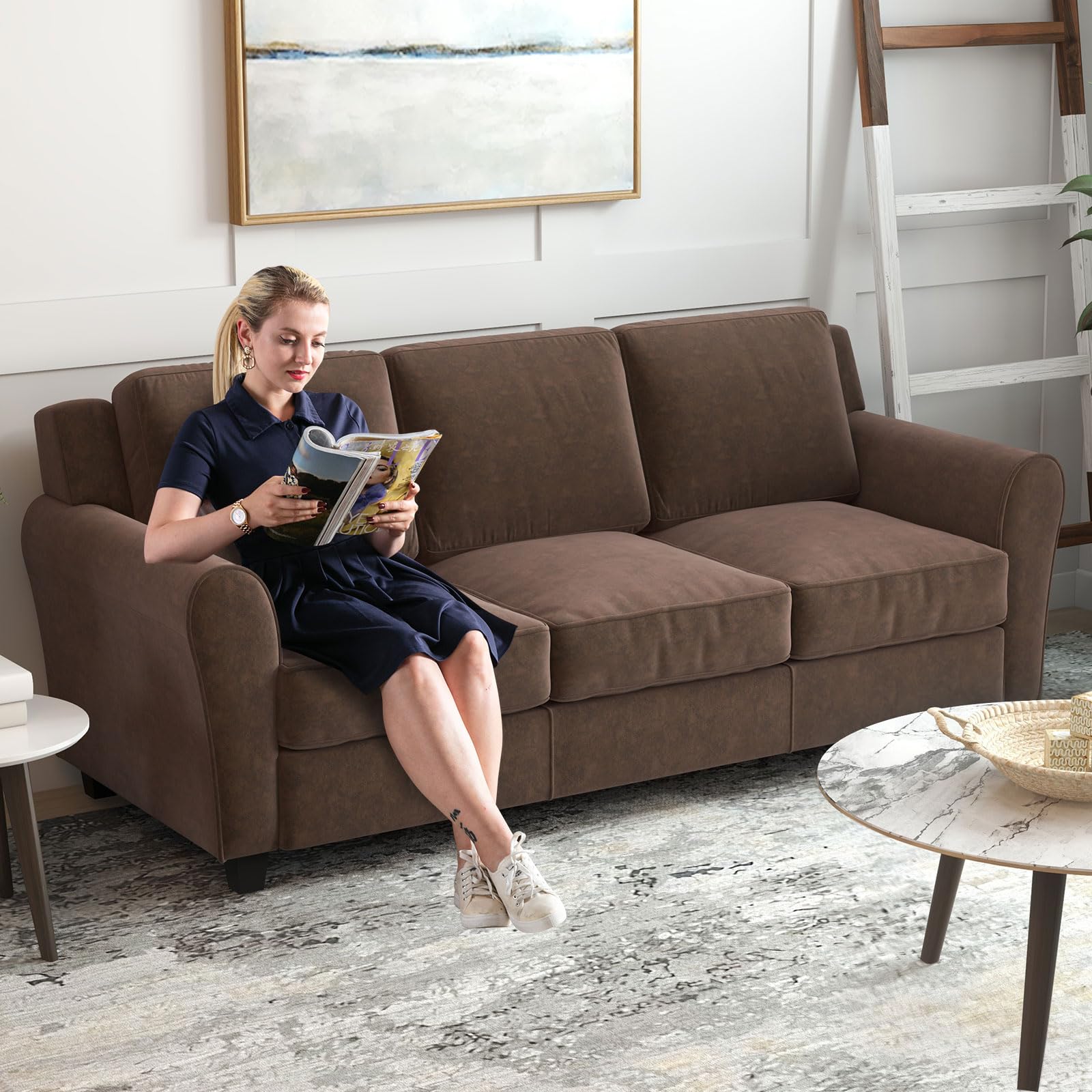 Bonzy Home 80.7" Sofa, 3 Seater Sofa Couch for Living Room, Modern Couch with Thick Cushion for Apartment Office, Brown