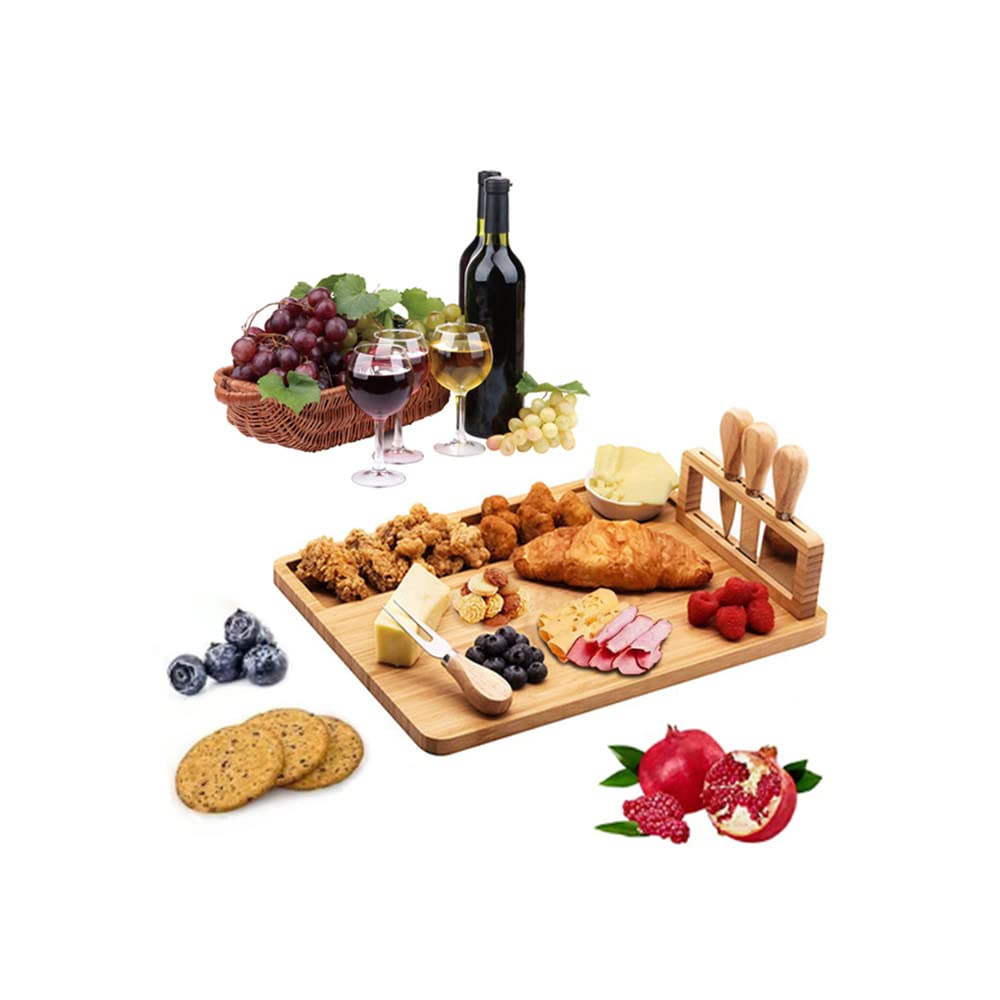 LUXFINA Bamboo Cheese Board Set with Cutlery,Bamboo Wood Serving Tray,Charcuterie Platter for Serving Wine, Cheese, Meat,Fruits,Unique Gifts for Christmas Wedding Housewarming Anniversary